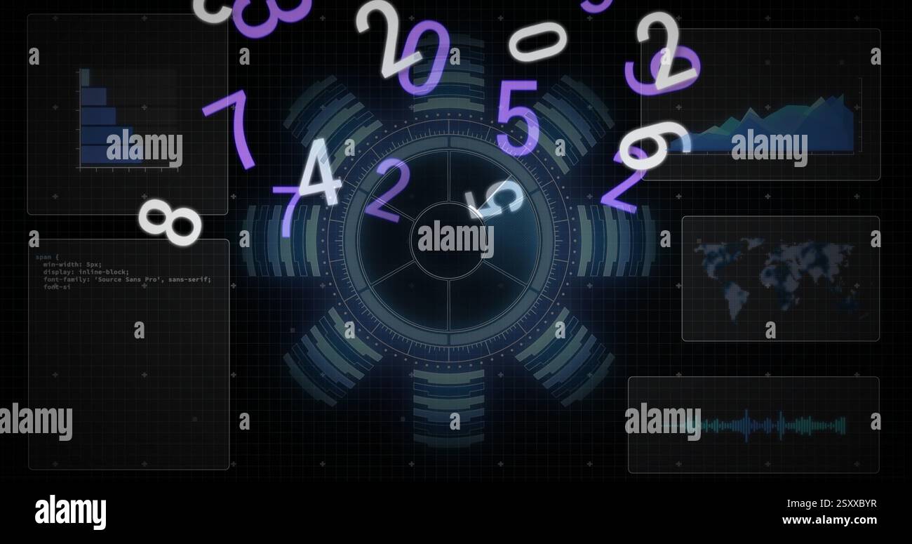 Image of diagrams and data processing over scope scanning and numbers floating Stock Photo - Alamy
