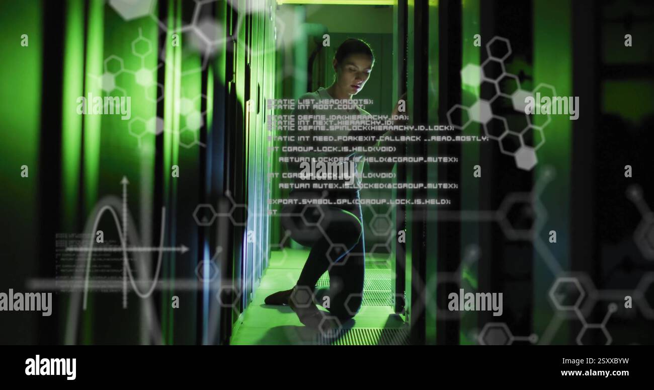 Image of elements, charts and processing data over asian male technician working in server room ...