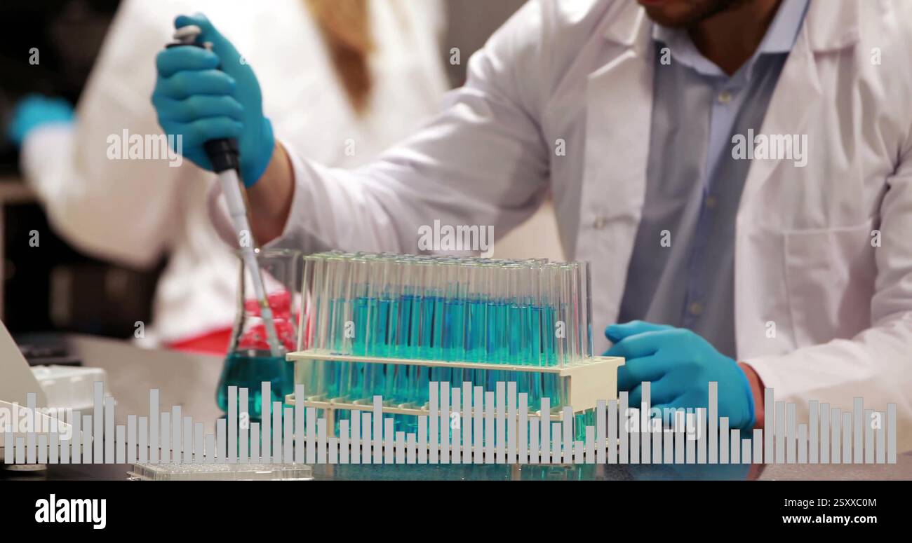 Image of diagrams over biracial male scientist taking samples in lab ...