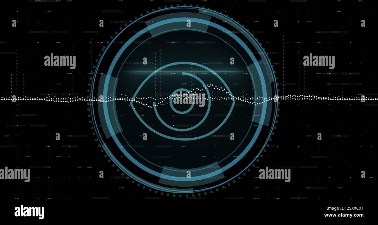 Image Of Data Processing Over Syber Security Text And Scope Scanning On Black Background Stock