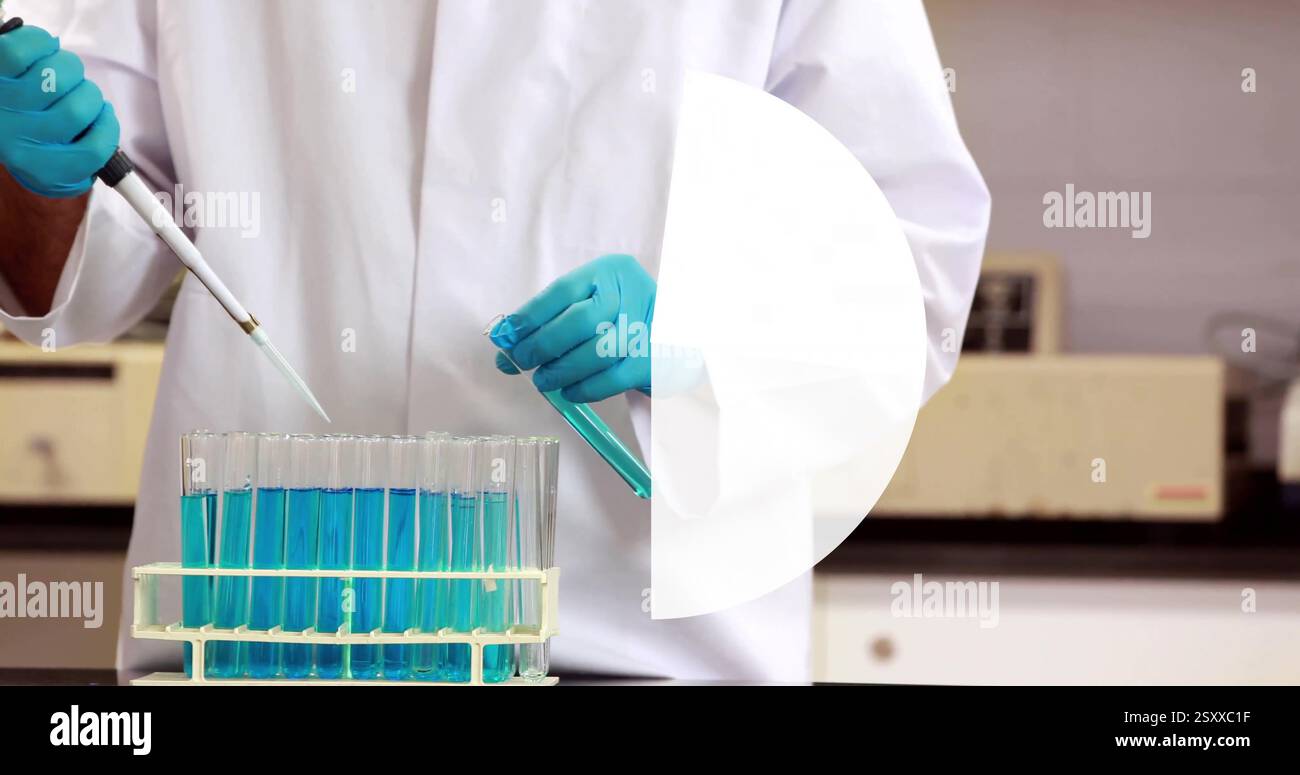 Image of diagrams over biracial male scientist taking samples in lab ...