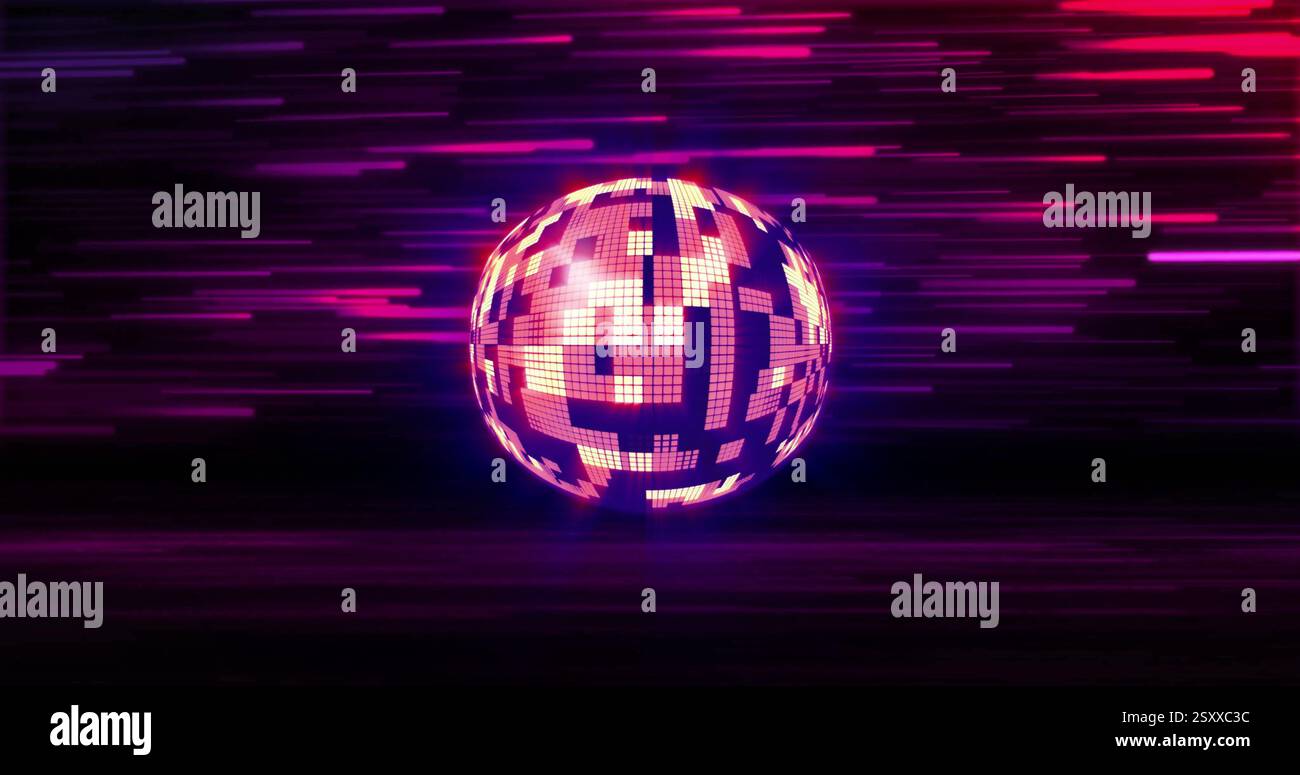 Image of mirror ball spinning and glowing light trails moving over ...