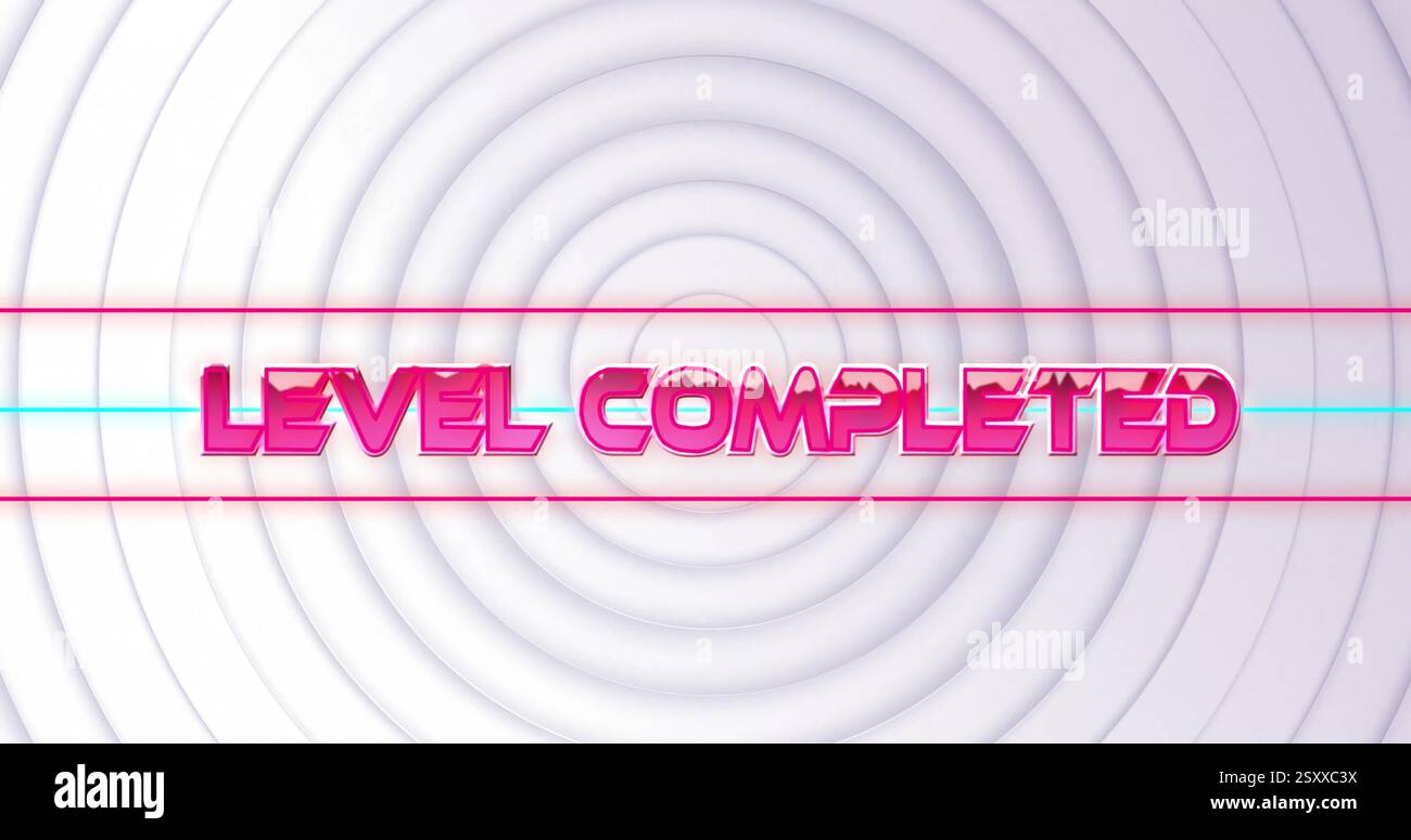 Image of level completed text over white shapes moving Stock Photo - Alamy