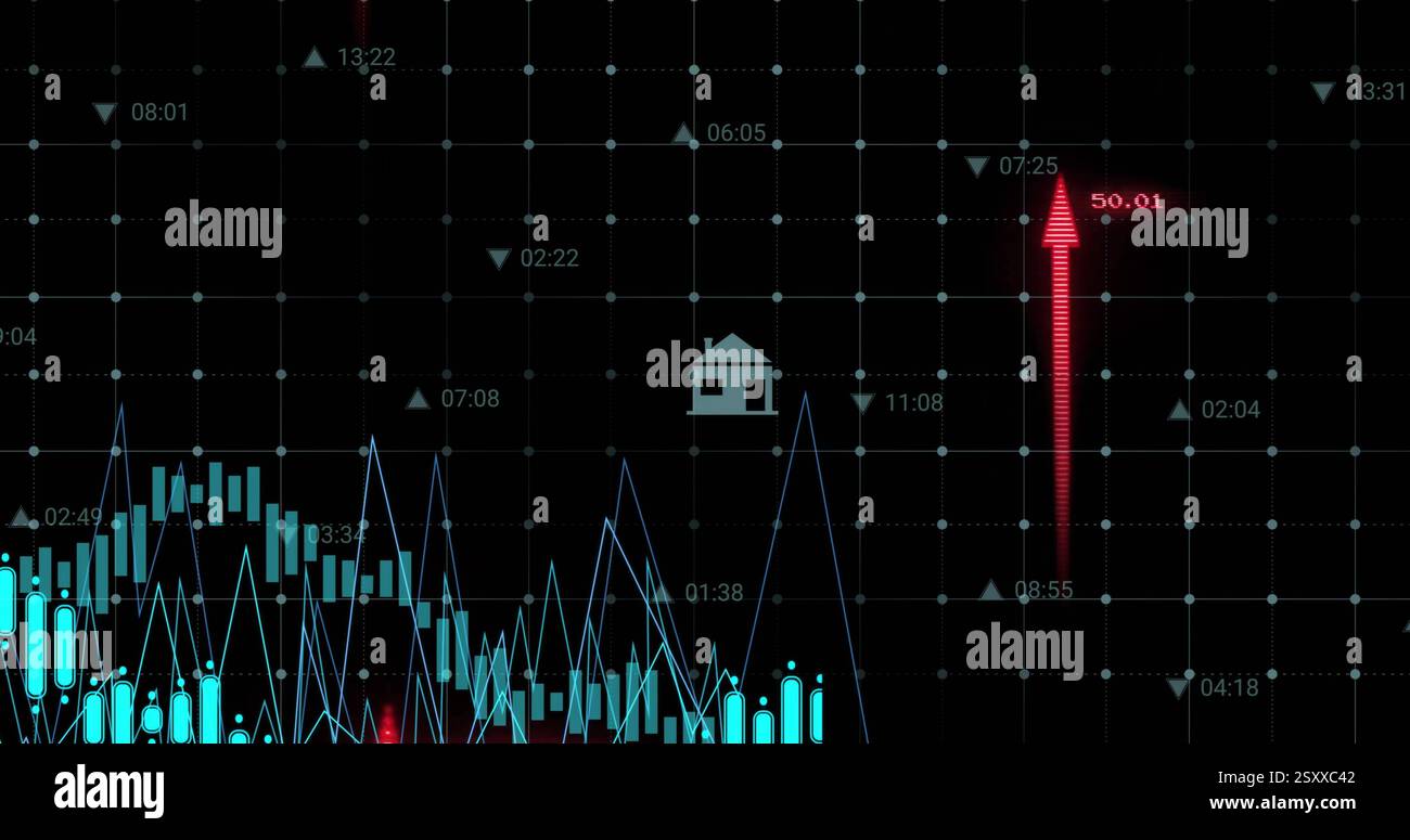 Image of arrows and media icons over diagrams and data processing Stock ...