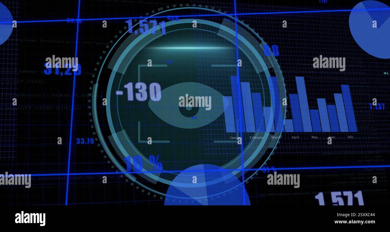 Image Of Data Processing Over Syber Security Text And Scope Scanning On Black Background Stock