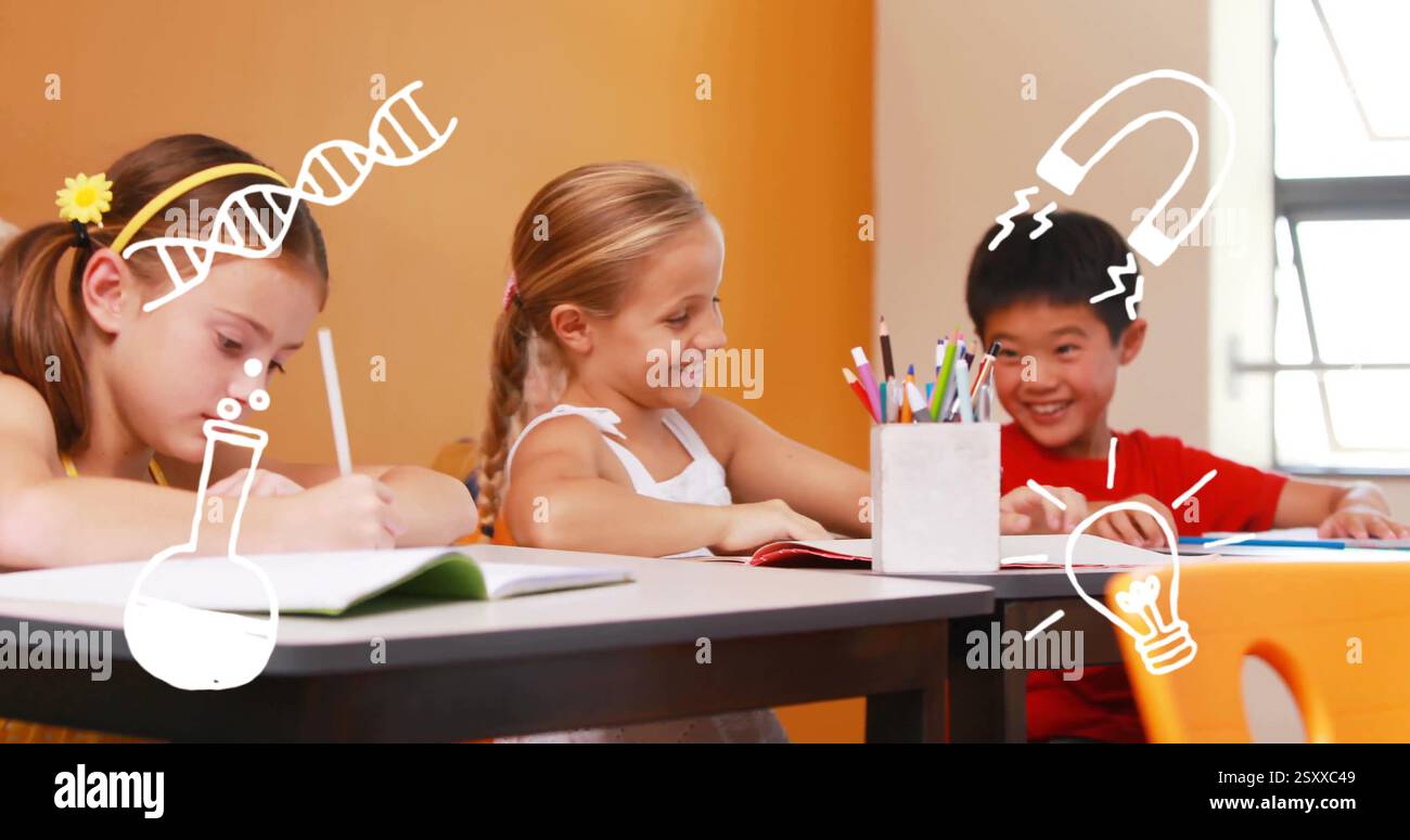 Image of school icons over diverse schoolchildren in classroom Stock ...