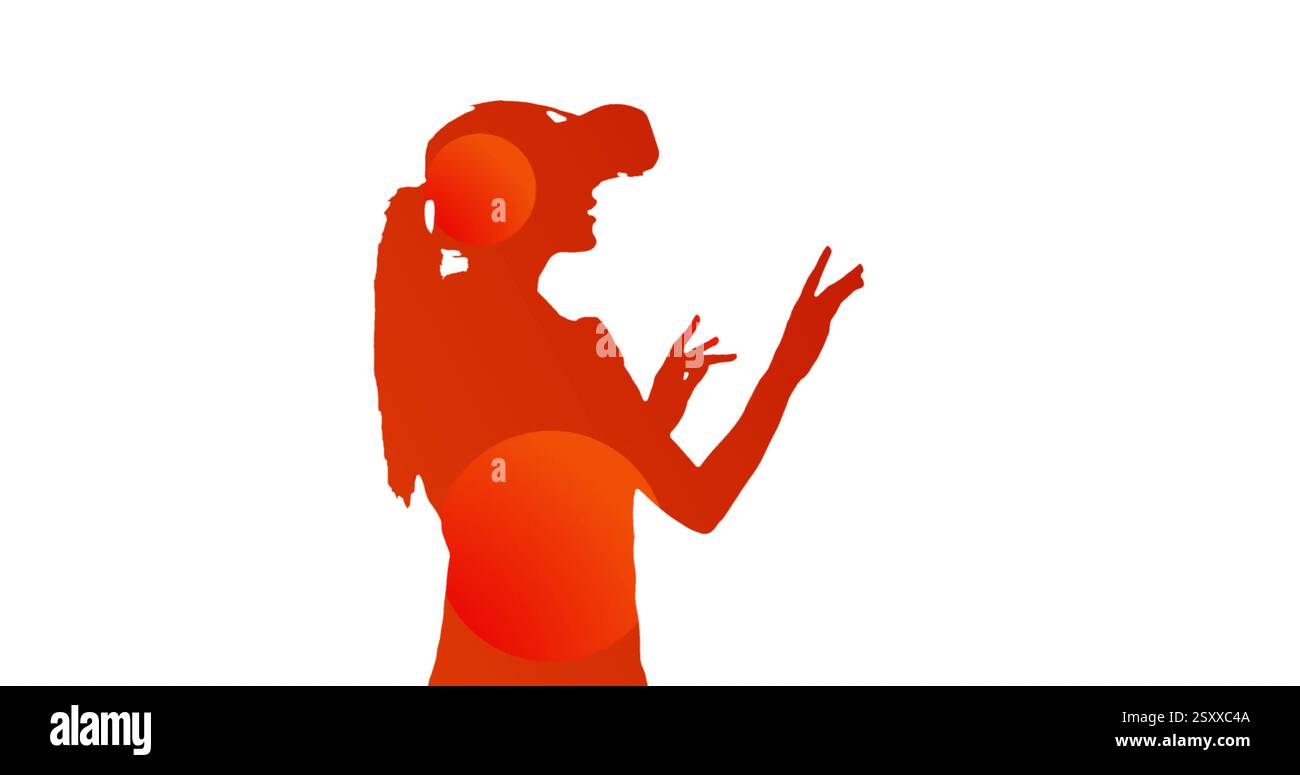 Image of silhouette of woman using vr headset over red shapes on white ...