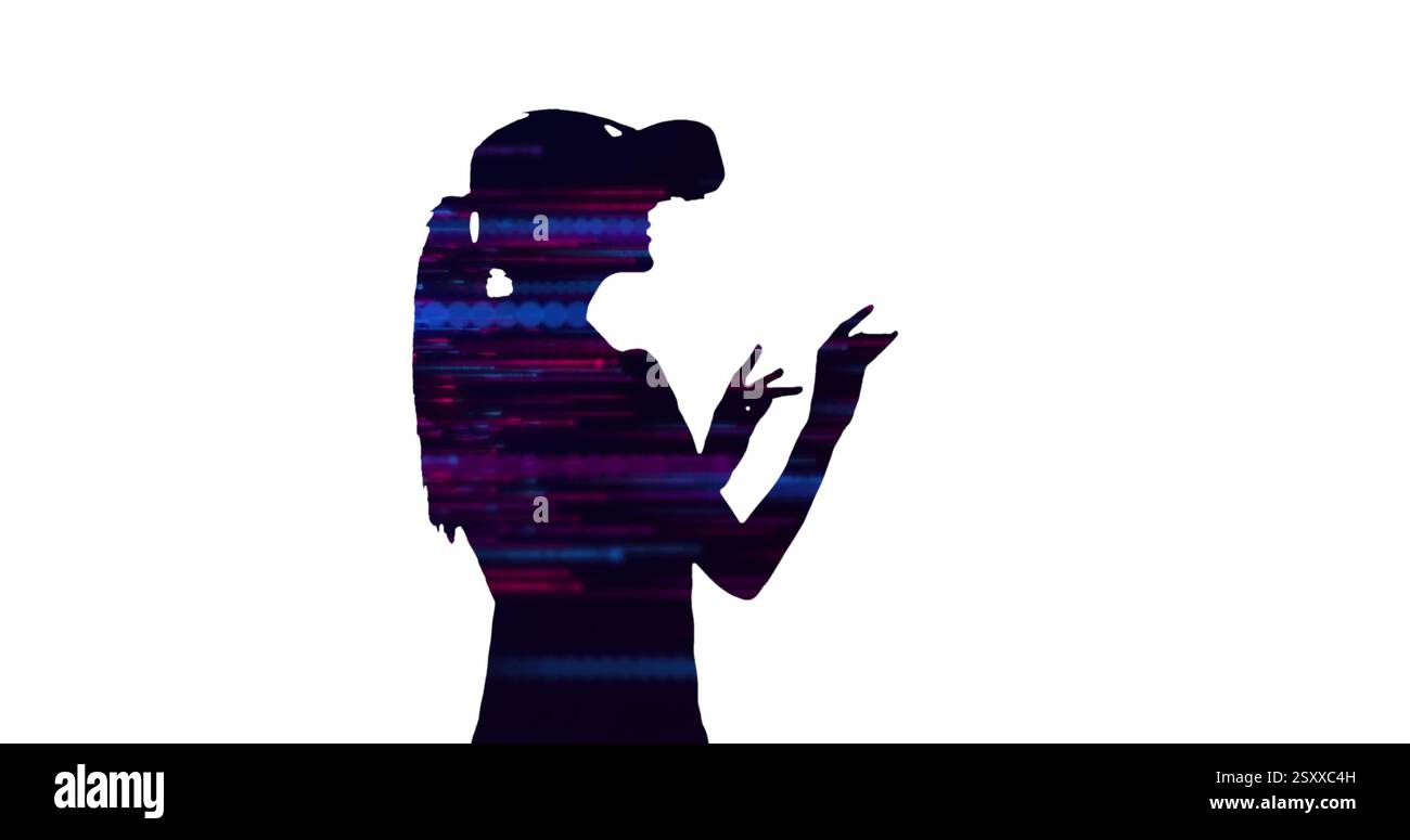 Image of silhouette of woman using vr headset over red and blue trails ...