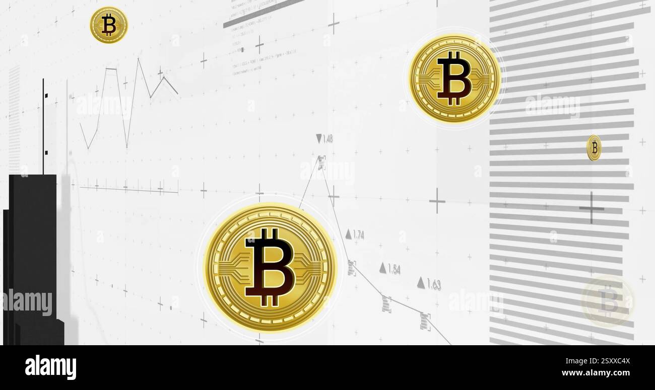 Image of bitcoins over diagrams and data processing Stock Photo - Alamy
