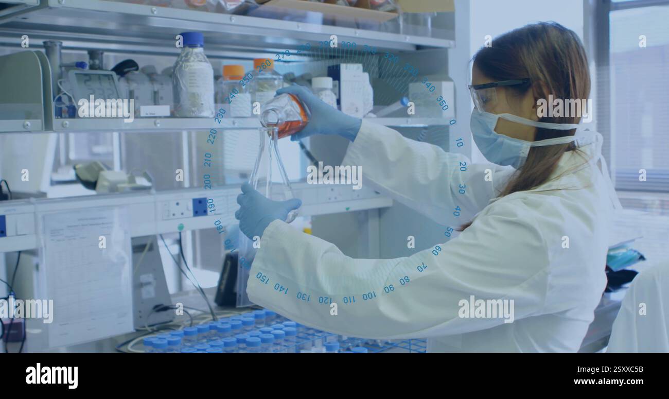 Image of numbers in circle over caucasian female scientist doing ...