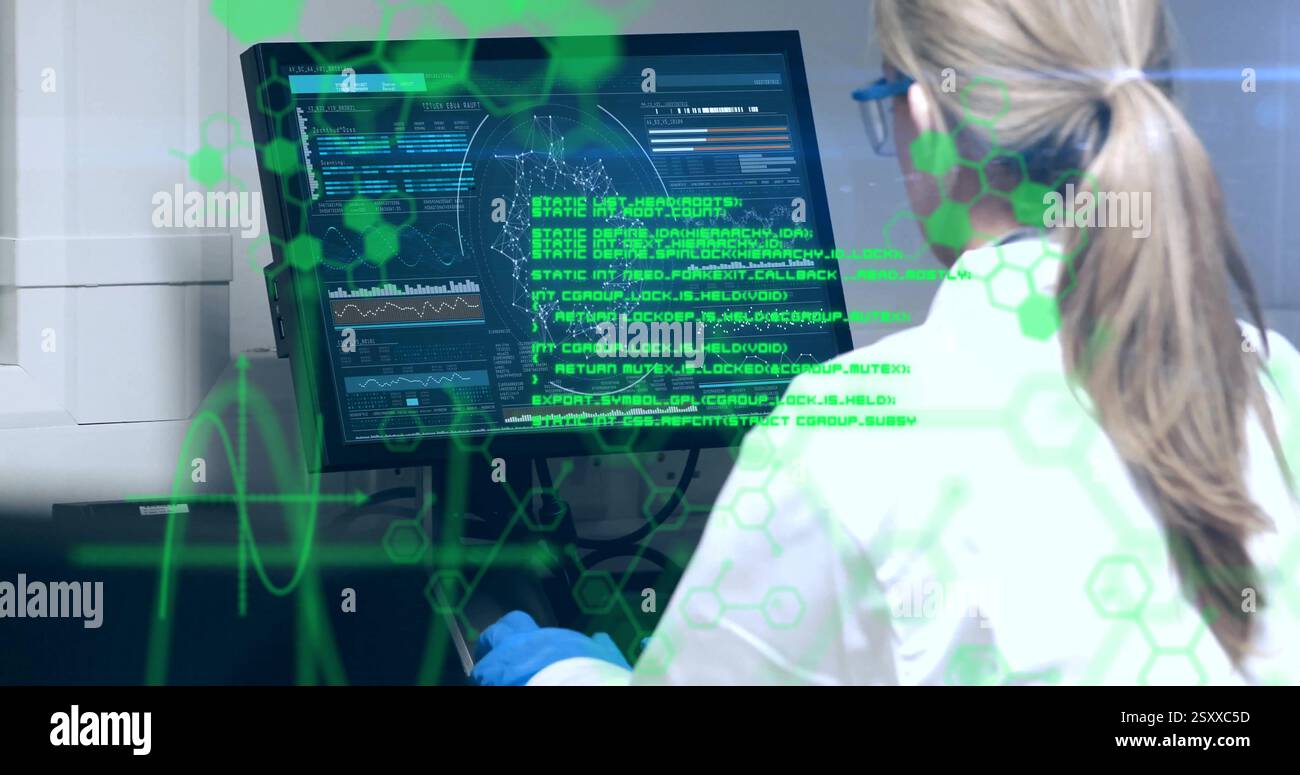 Image of scientific data processing over caucasian female scientist ...