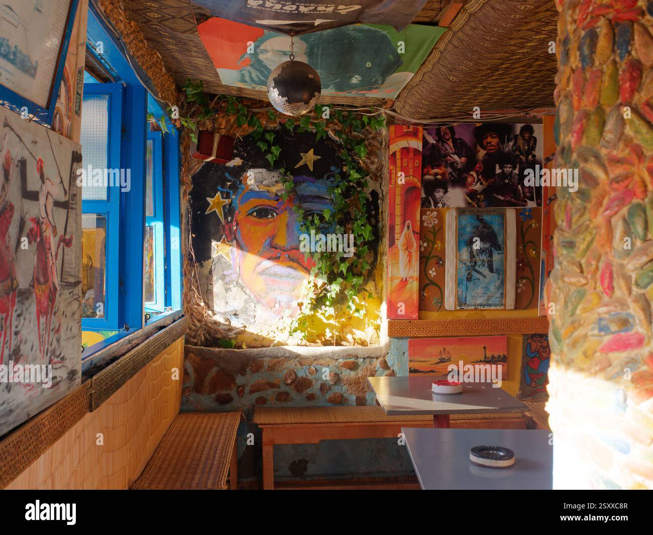 Interior of the Jimi Hendrix Cafe in Diabat village, city of Essaouira ...