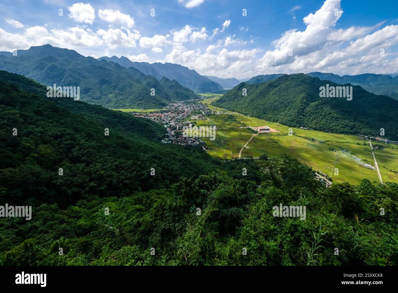 Aerial view of the Mai Chau valley, the town s houses and the green ...