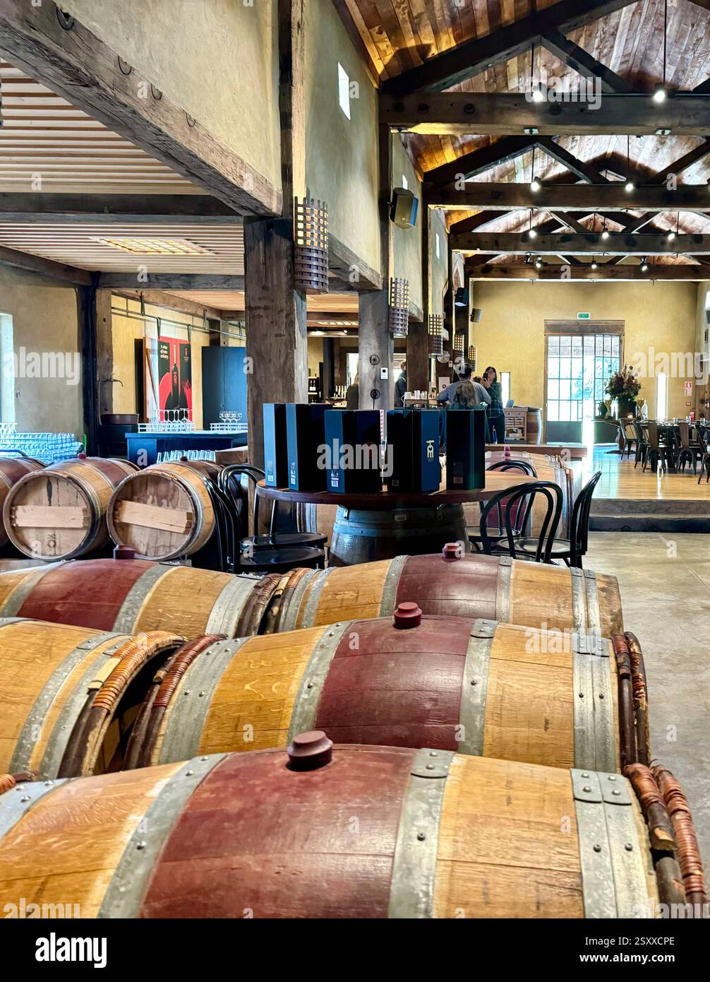 Wine barrels in cellar door restaurant of Church Road Winery Napier ...