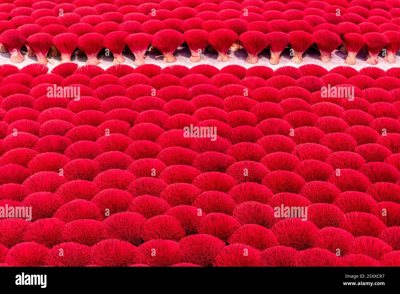 Red-coloured thin bamboo sticks in bundles for the production of ...