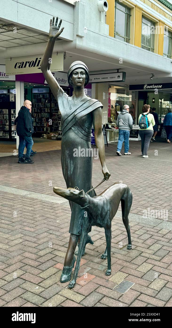 Public Art Deco bronze statue of a woman Sheila Williams with her pet ...