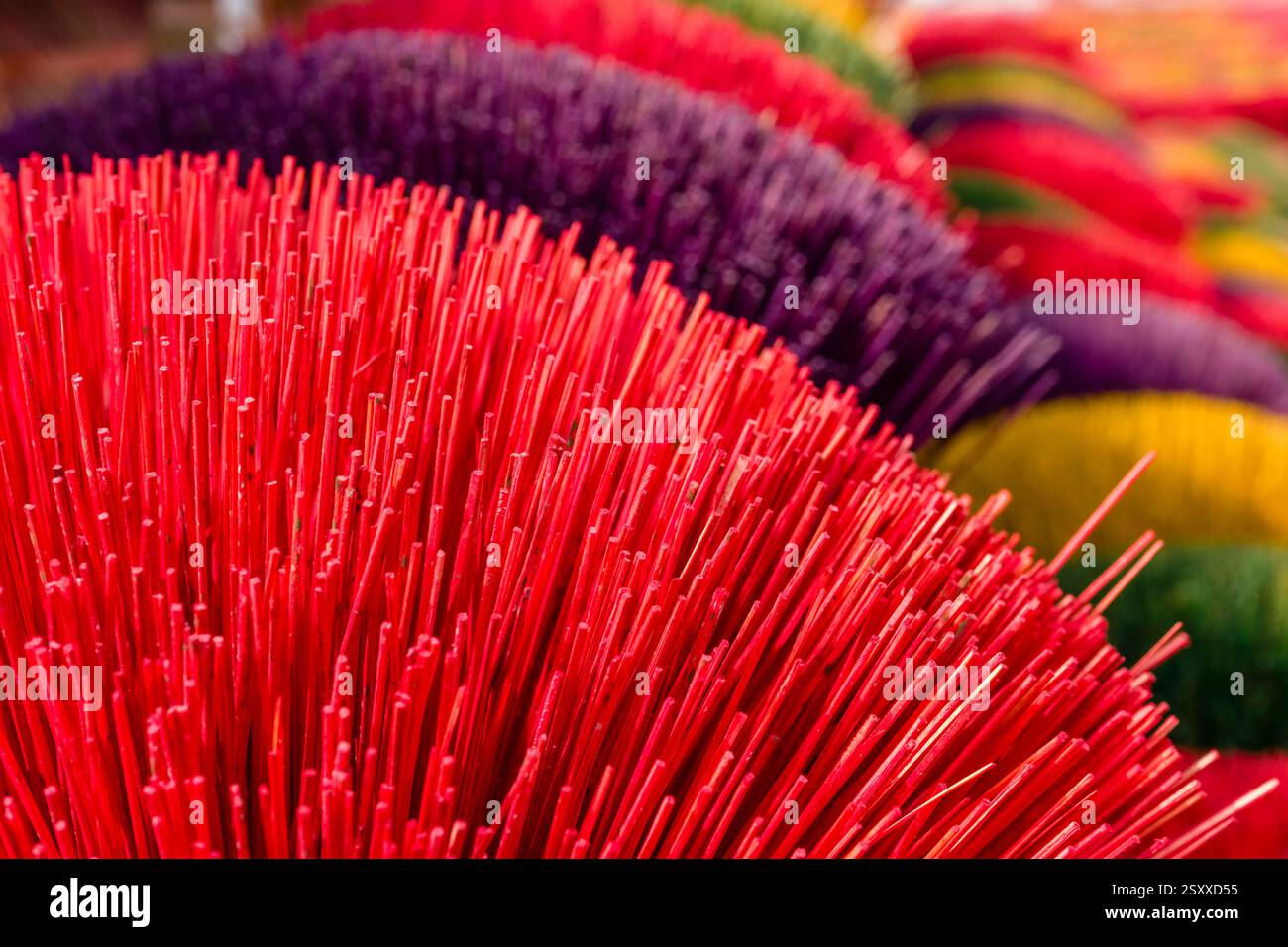 Close-up of dyed thin bamboo sticks in bundles in various colours for ...