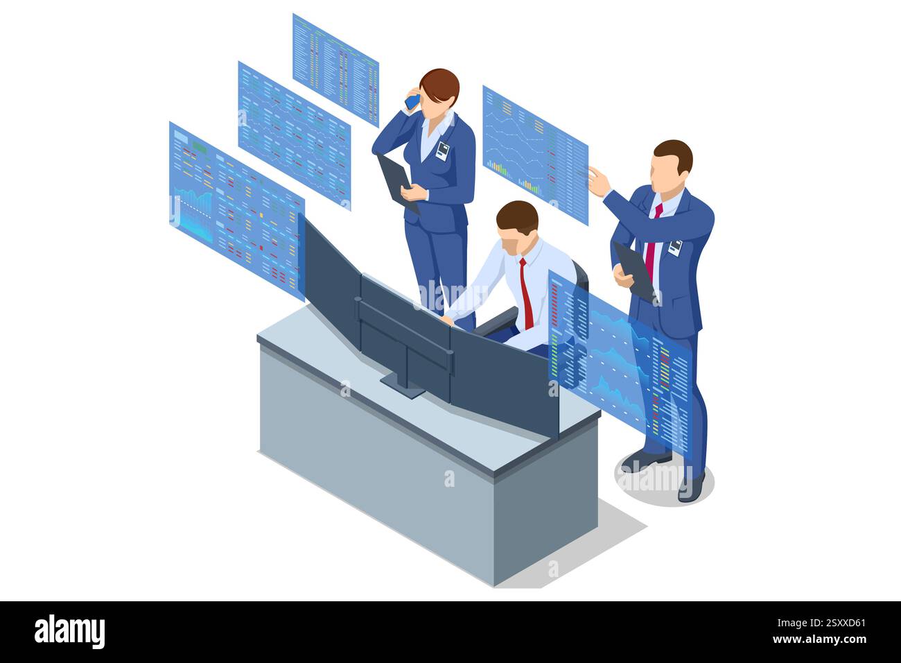 Isometric vector of traders interacting with a large digital financial interface on a computer ...