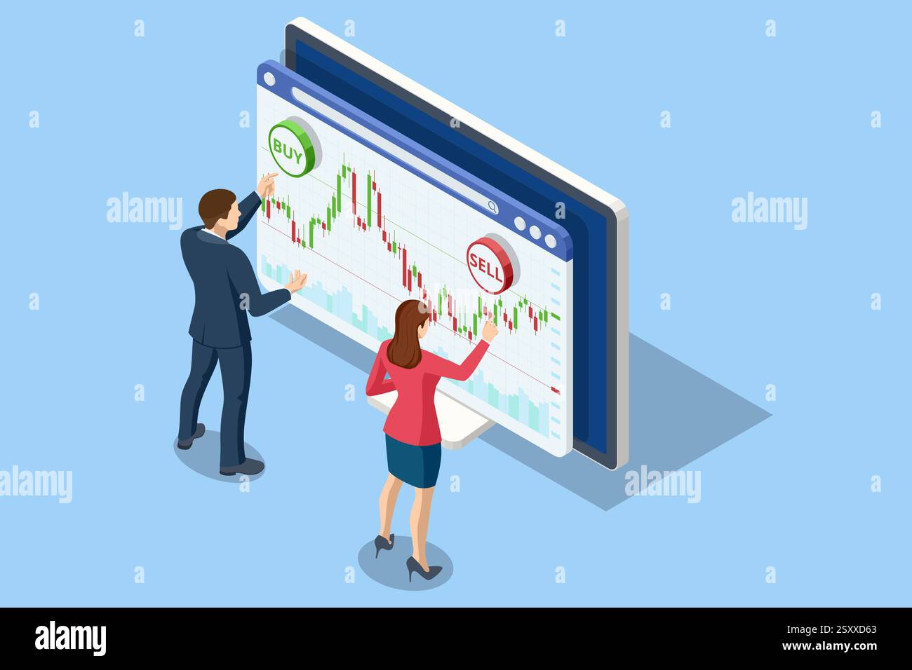 Isometric vector of traders interacting with a large digital financial interface on a computer ...