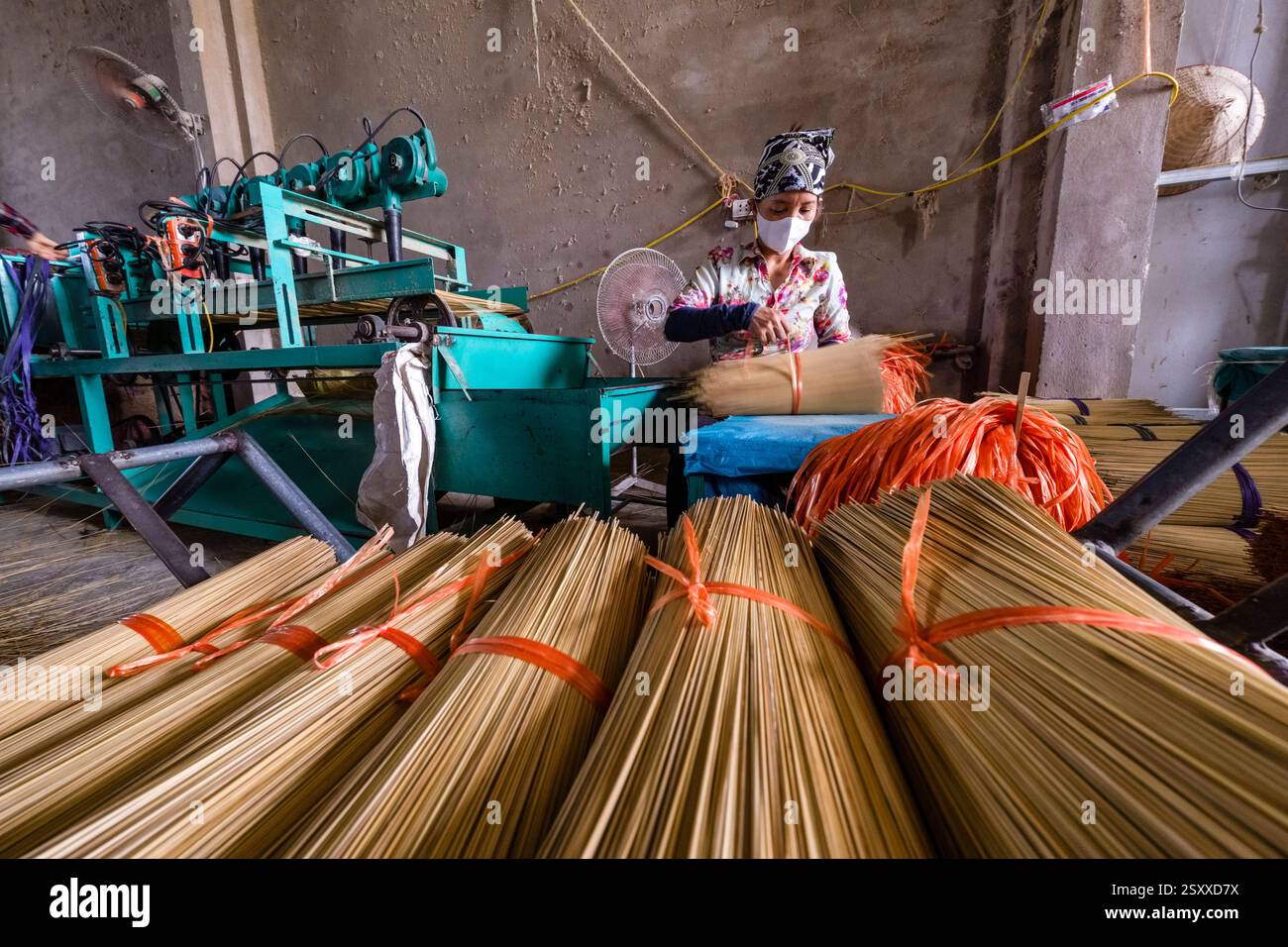 A woman bundles split thin bamboo sticks for the later production of ...