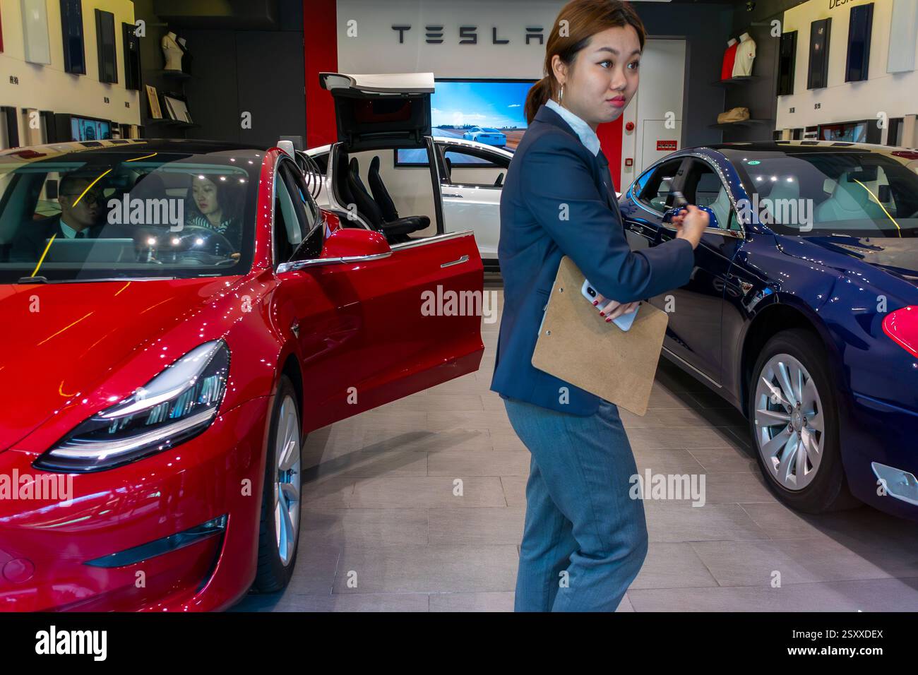 Shanghai, China, Woman Saleswoman, Working, New Car Showroom, Tesla ...