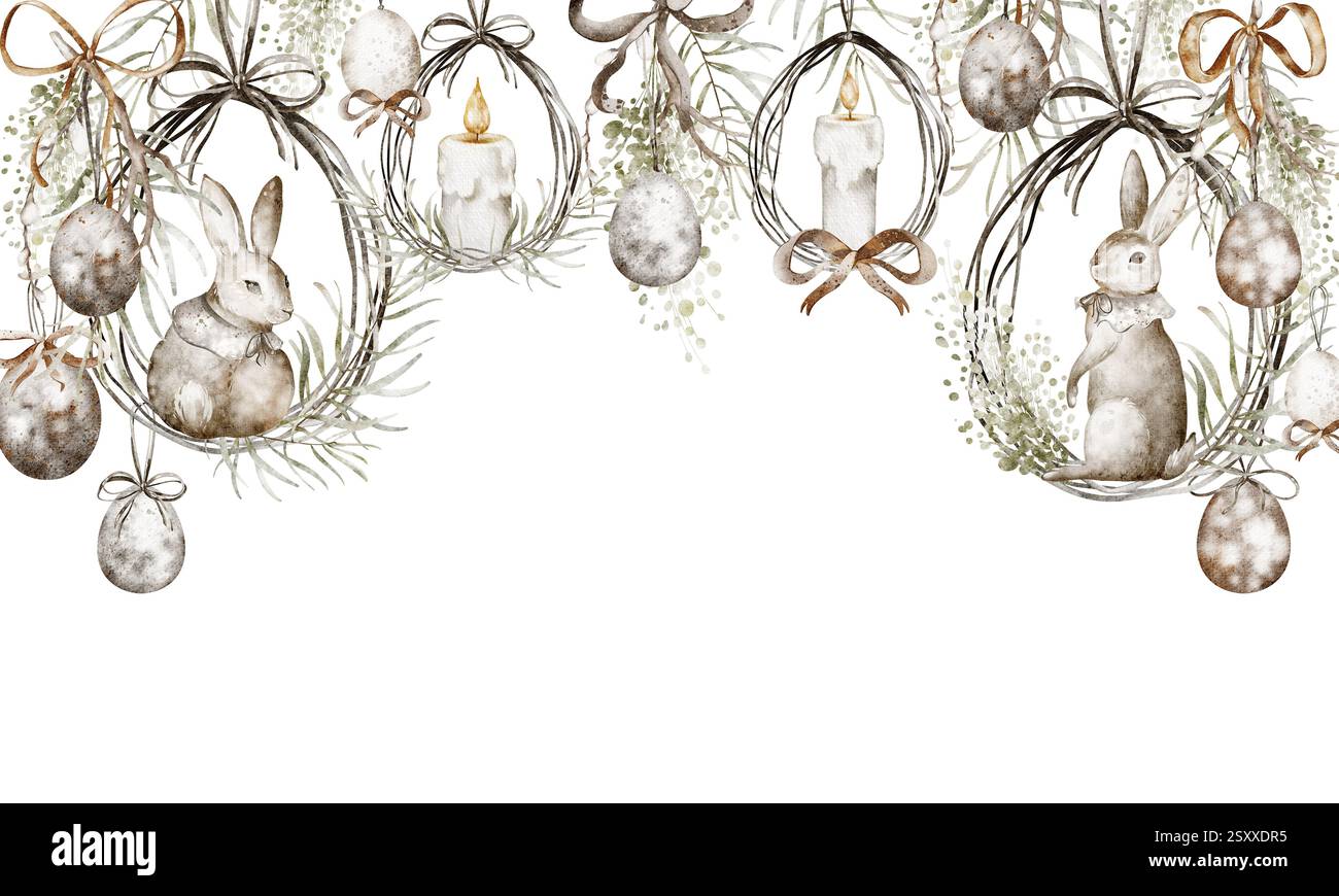 Watercolor Easter bunny background horizontal border with hanging ...