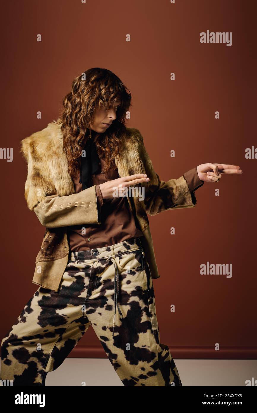 A stylish man poses confidently, flaunting his unique fashion sense ...