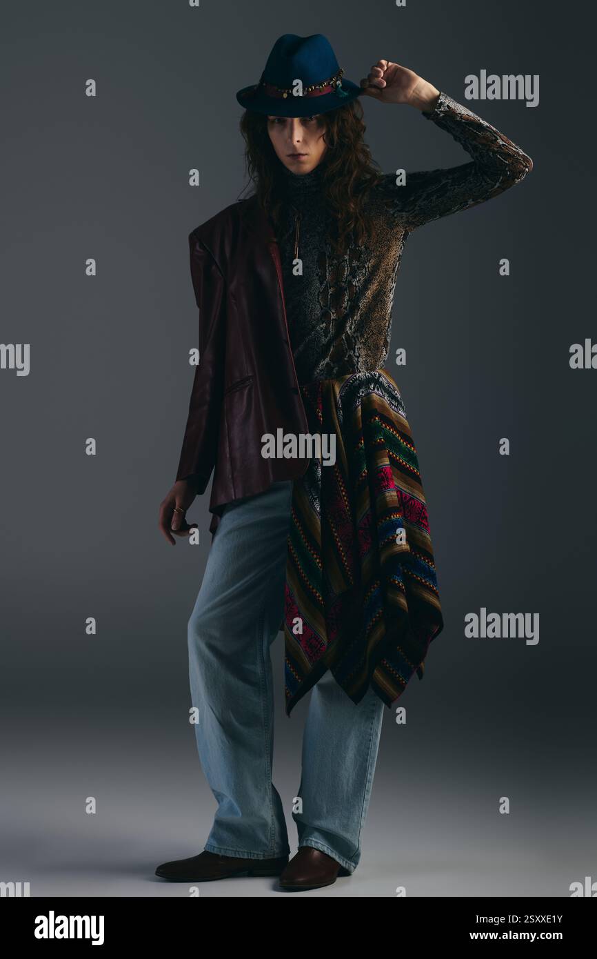 A young man embraces unique fashion with confidence, posing in a chic ...