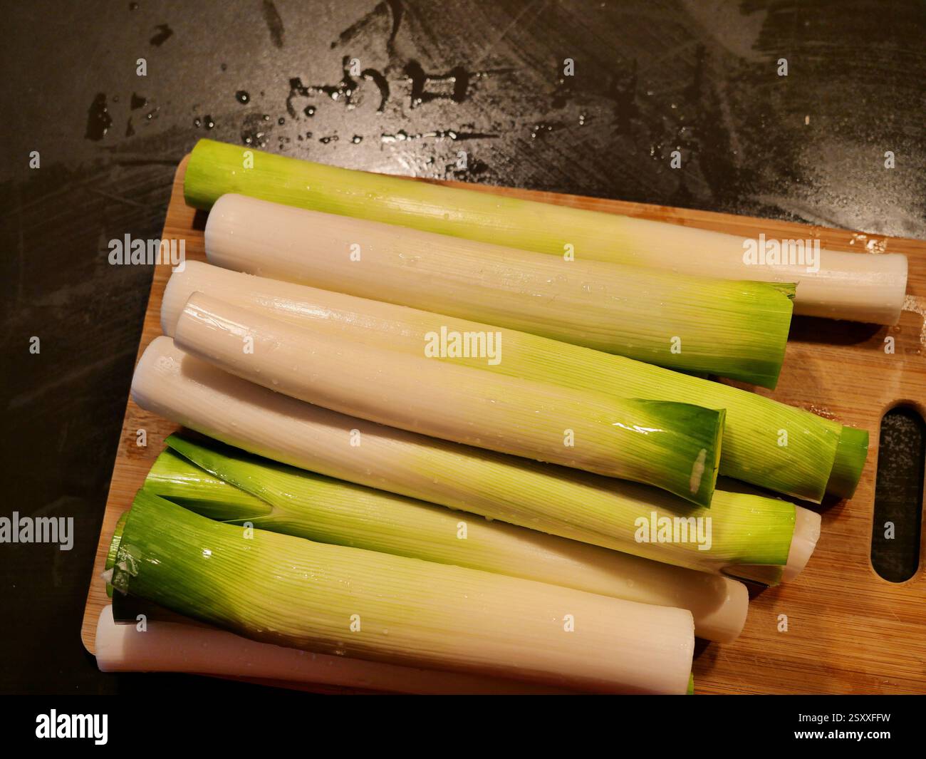 Fresh leeks, washed, peeled and cut for cheese leek soup, for example ...