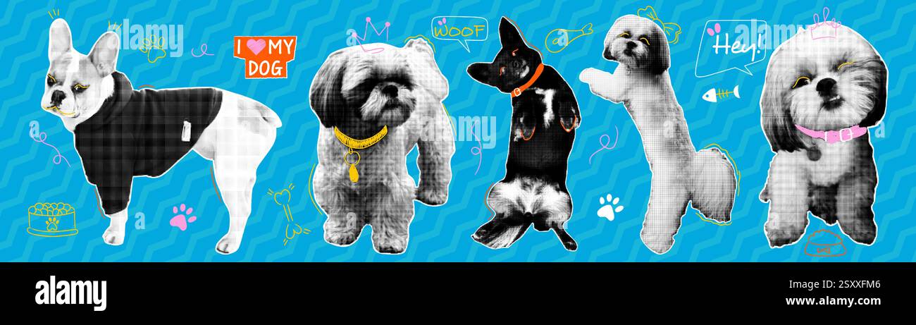 Halftone dogs in different poses with naive doodle elements ...
