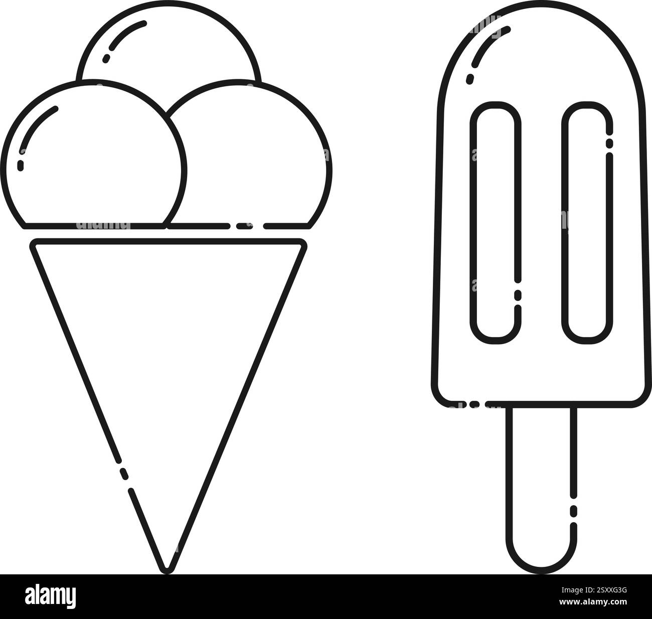Ice cream cone and Eskimo on stick Outline linear icons World Ice Cream ...