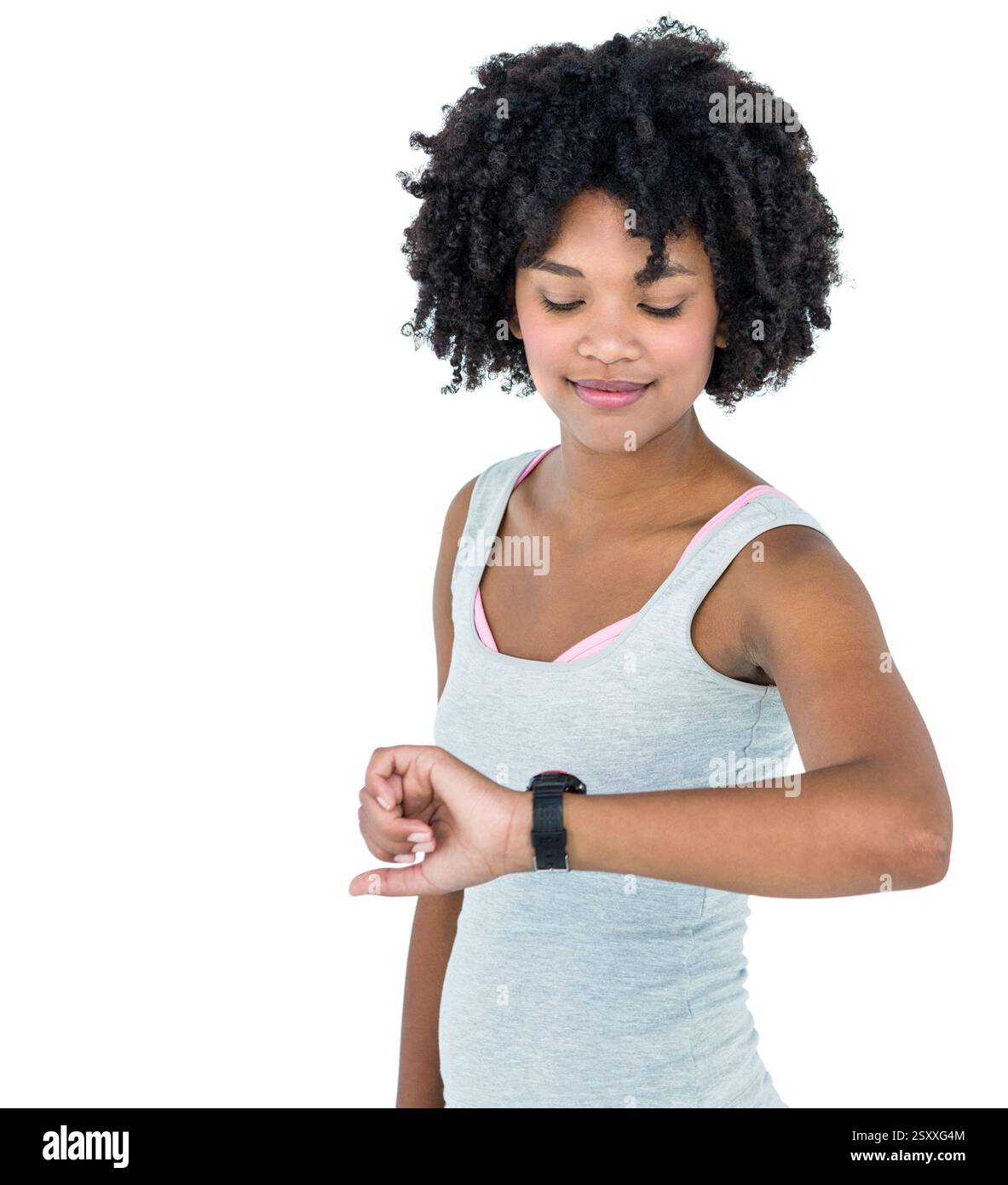 Checking smartwatch, woman tracking fitness progress in casual workout ...