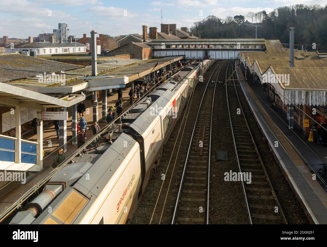 Looking down from above at Greater Anglia train at platforms of Ipswich ...