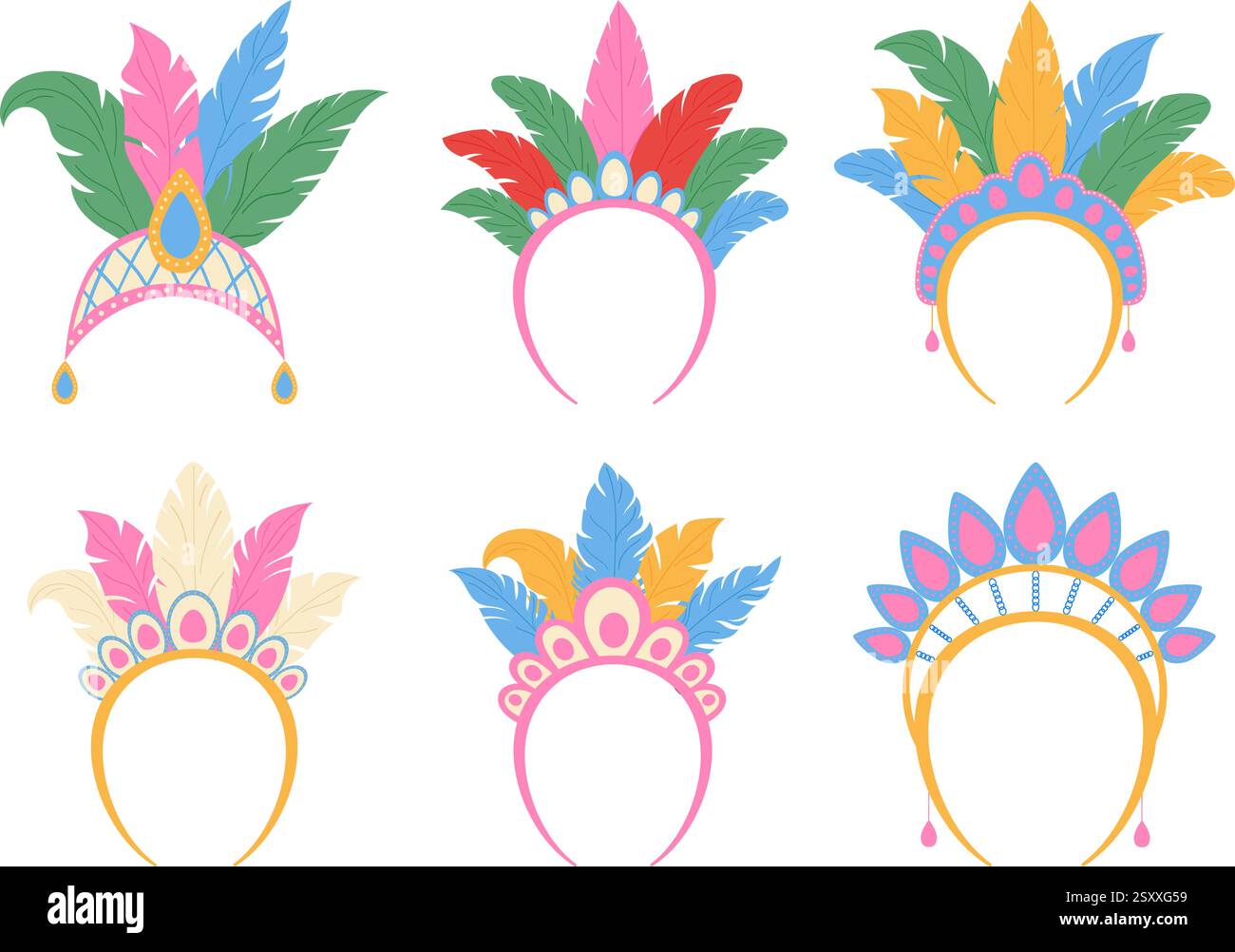 Brazil carnival headdress set. Headpieces with feathers and diamonds ...