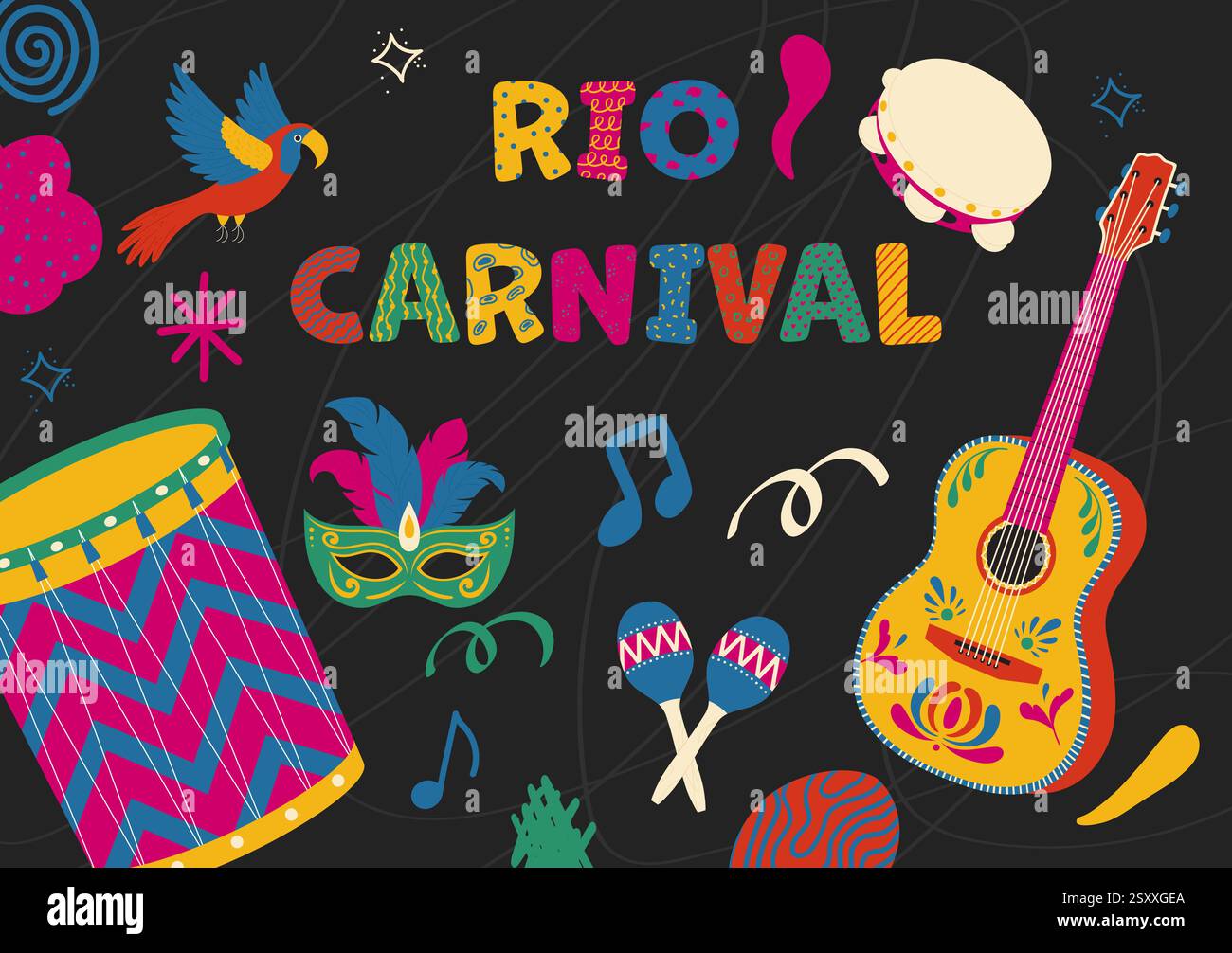 Brazilian carnival poster. Trendy banner with exotic parrot, musical ...