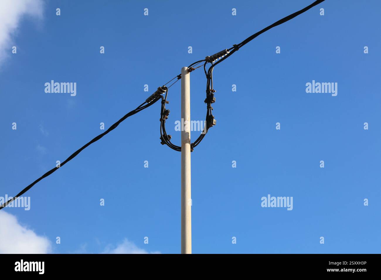 Electric grid in Fuerteventura in Canary Islands. Utility pole cable in ...