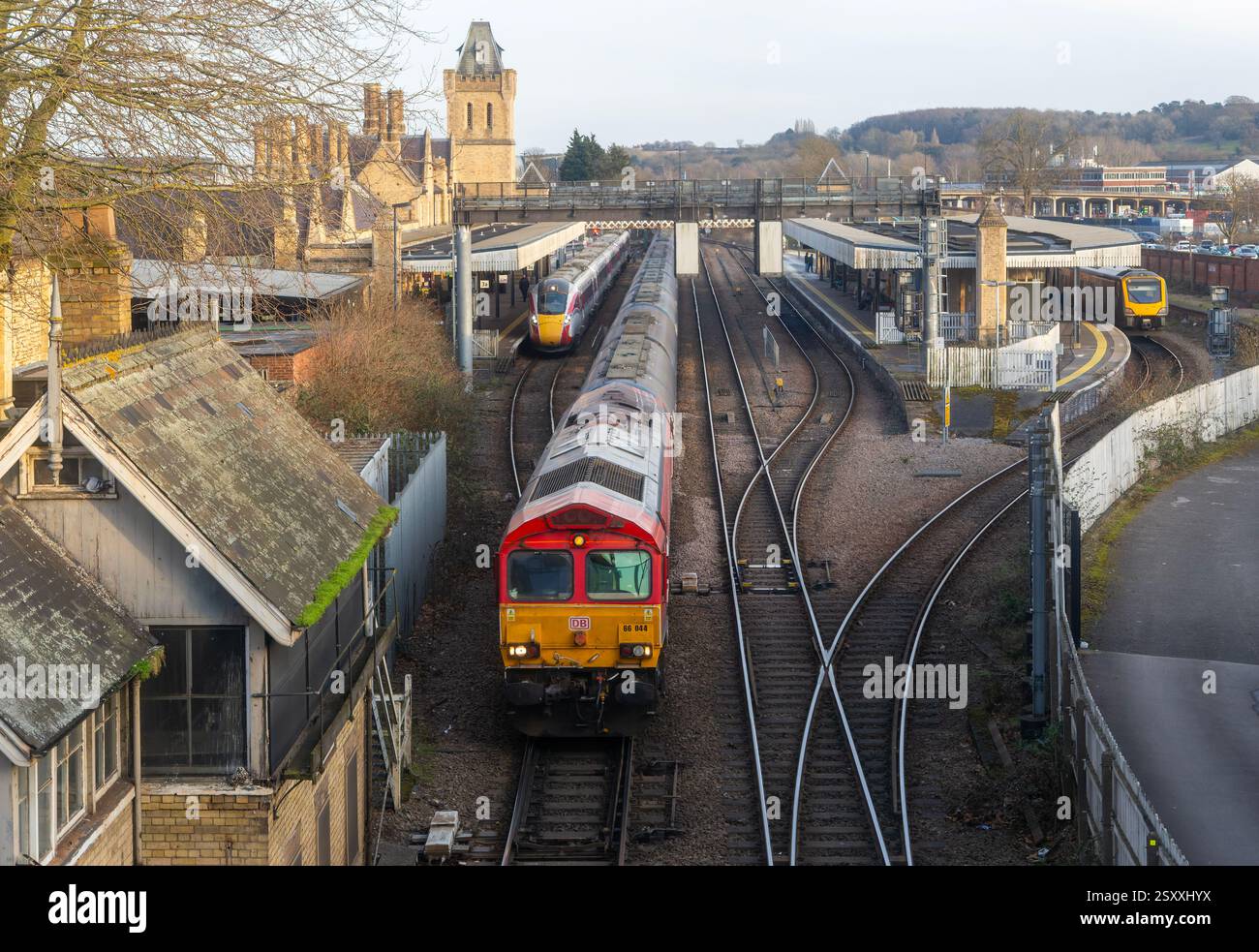 East Midlands Railway, British Rail Class 66 freight train and Class 801 Azuma passenger train ...