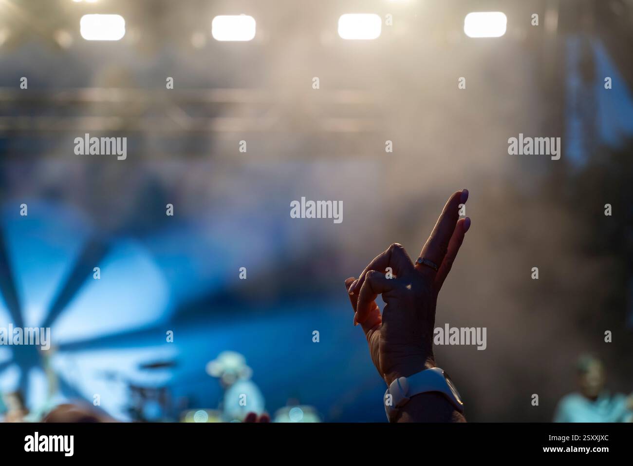 Fan's hand gesture at a concert with stage lights in the background ...