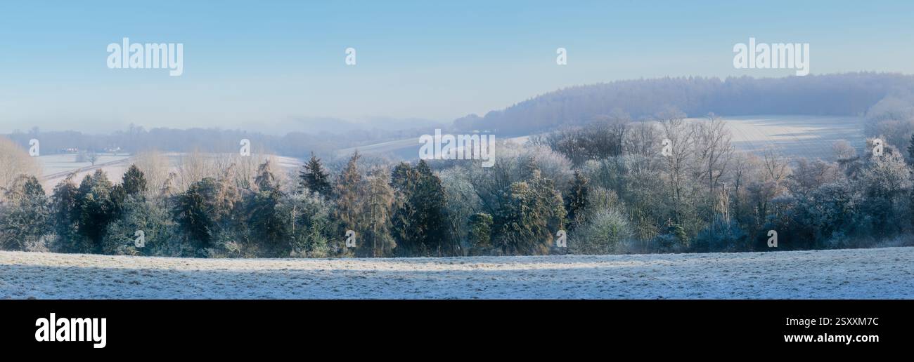 Panorama of the Chess Valley, Hertfordshire UK on a sunny but cold ...