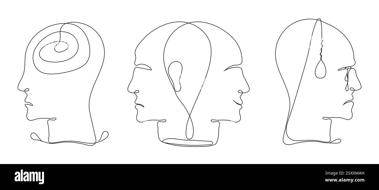 Minimalistic continuous line drawing of mental disorder vector icons ...