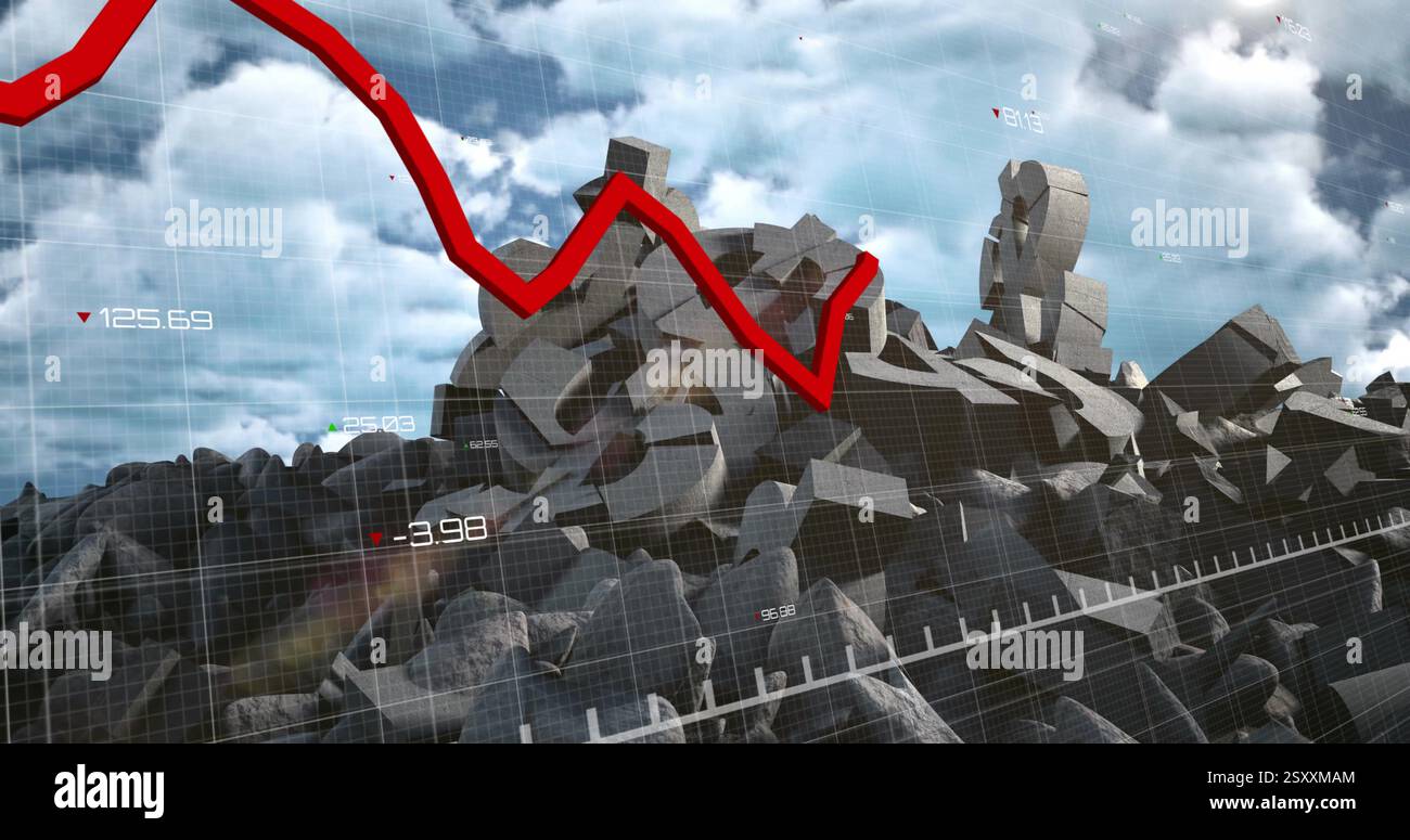 Image of financial data processing over dollar symbols and sky with ...