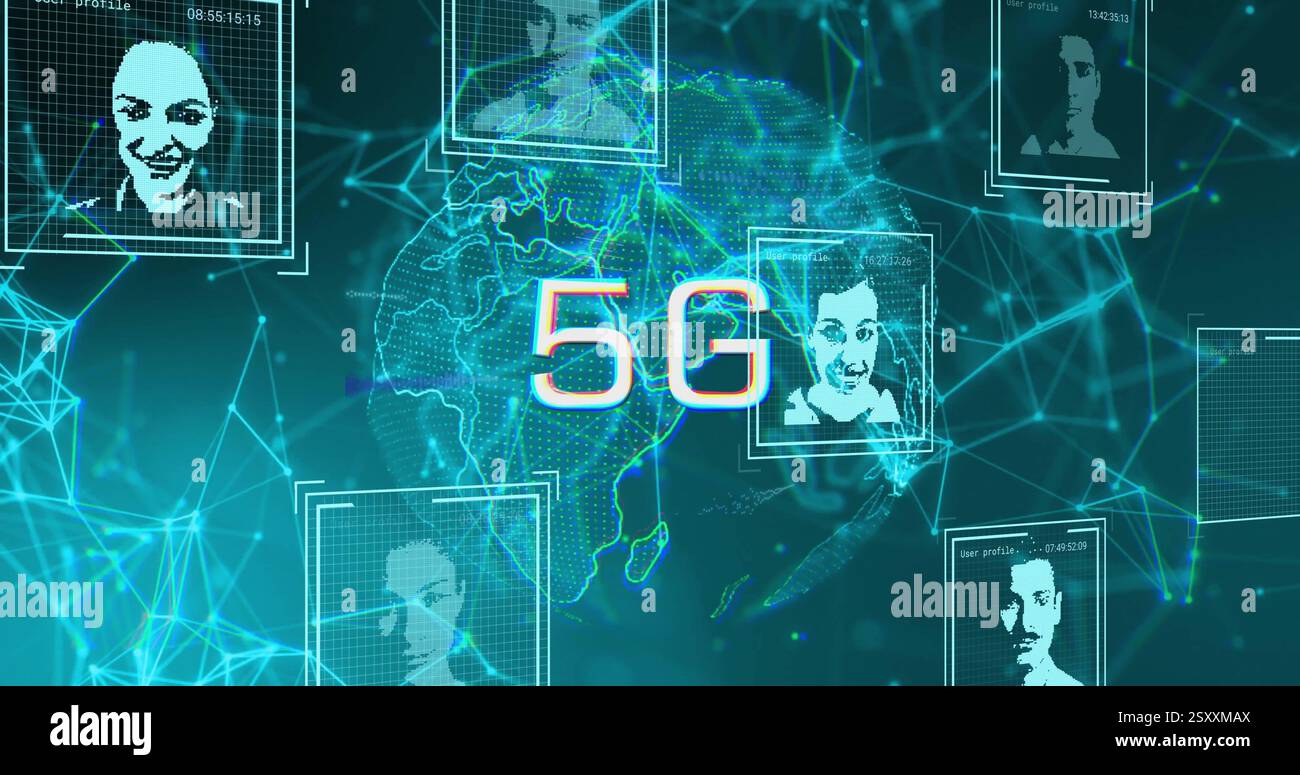5G text image over digital network and portraits around globe Stock ...