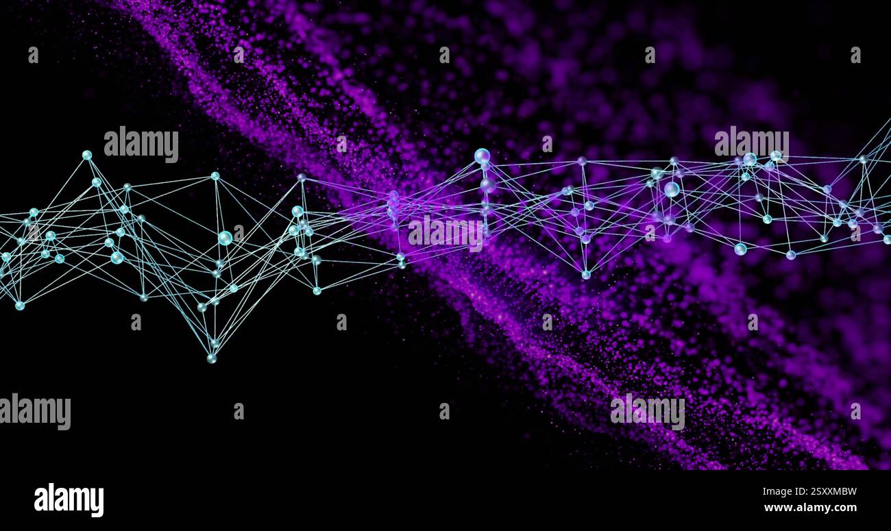 Network of connections and data processing image over purple particles ...
