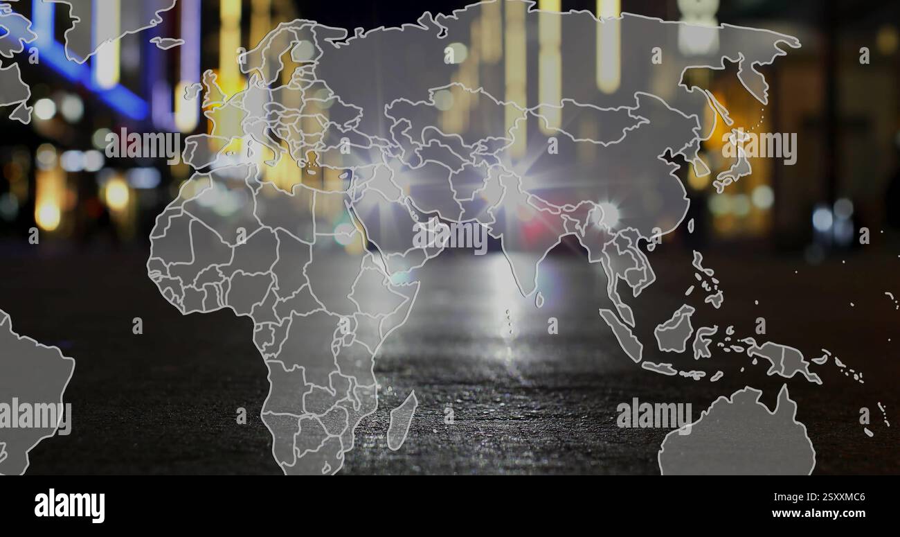 World map image over city street with blurred lights and cars Stock ...