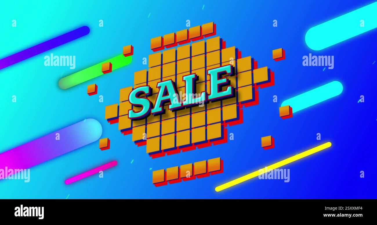 Image of colourful shapes moving over sale text Stock Photo - Alamy