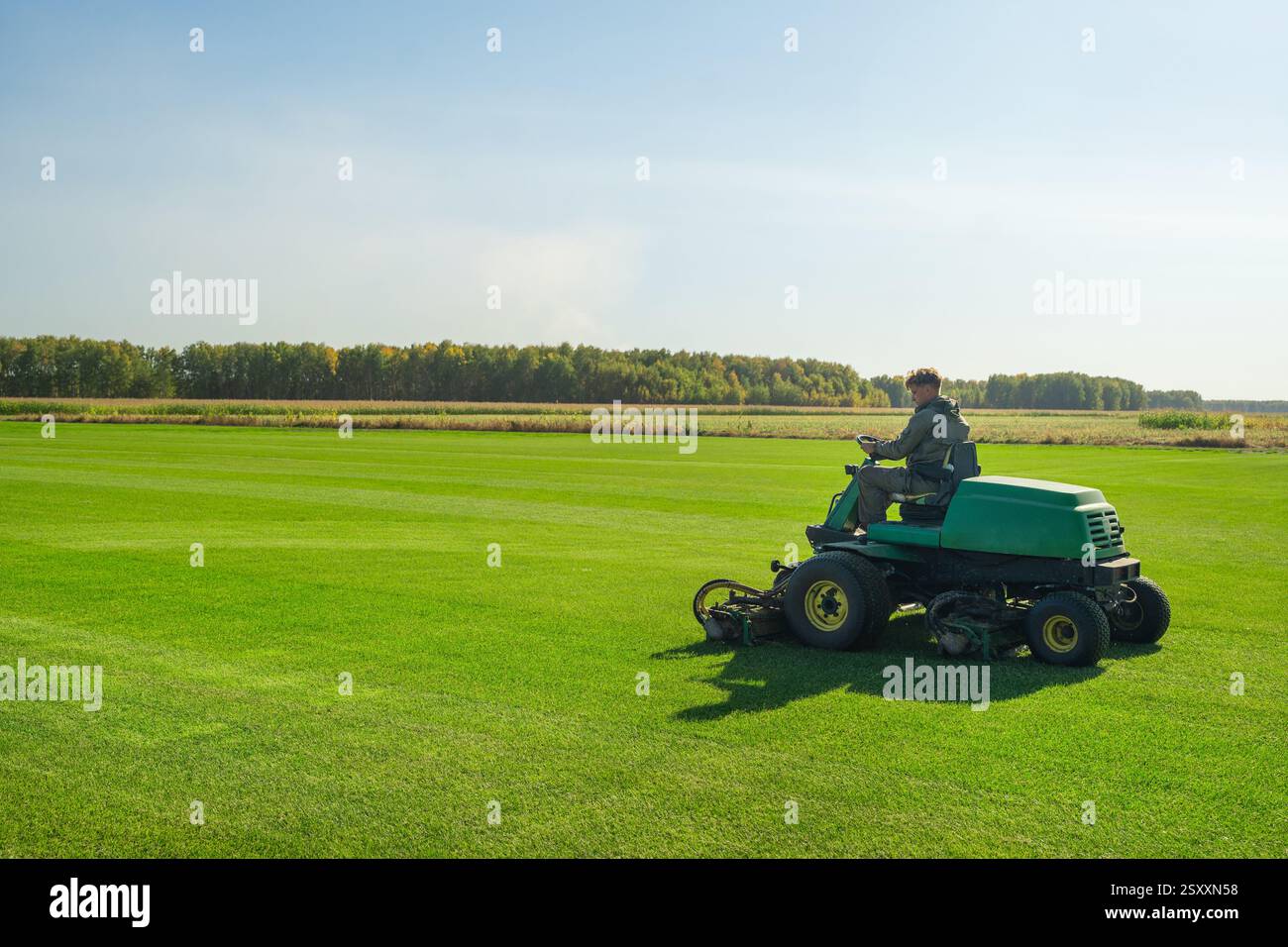 A person is mowing a beautifully lush green lawn using a riding lawn ...