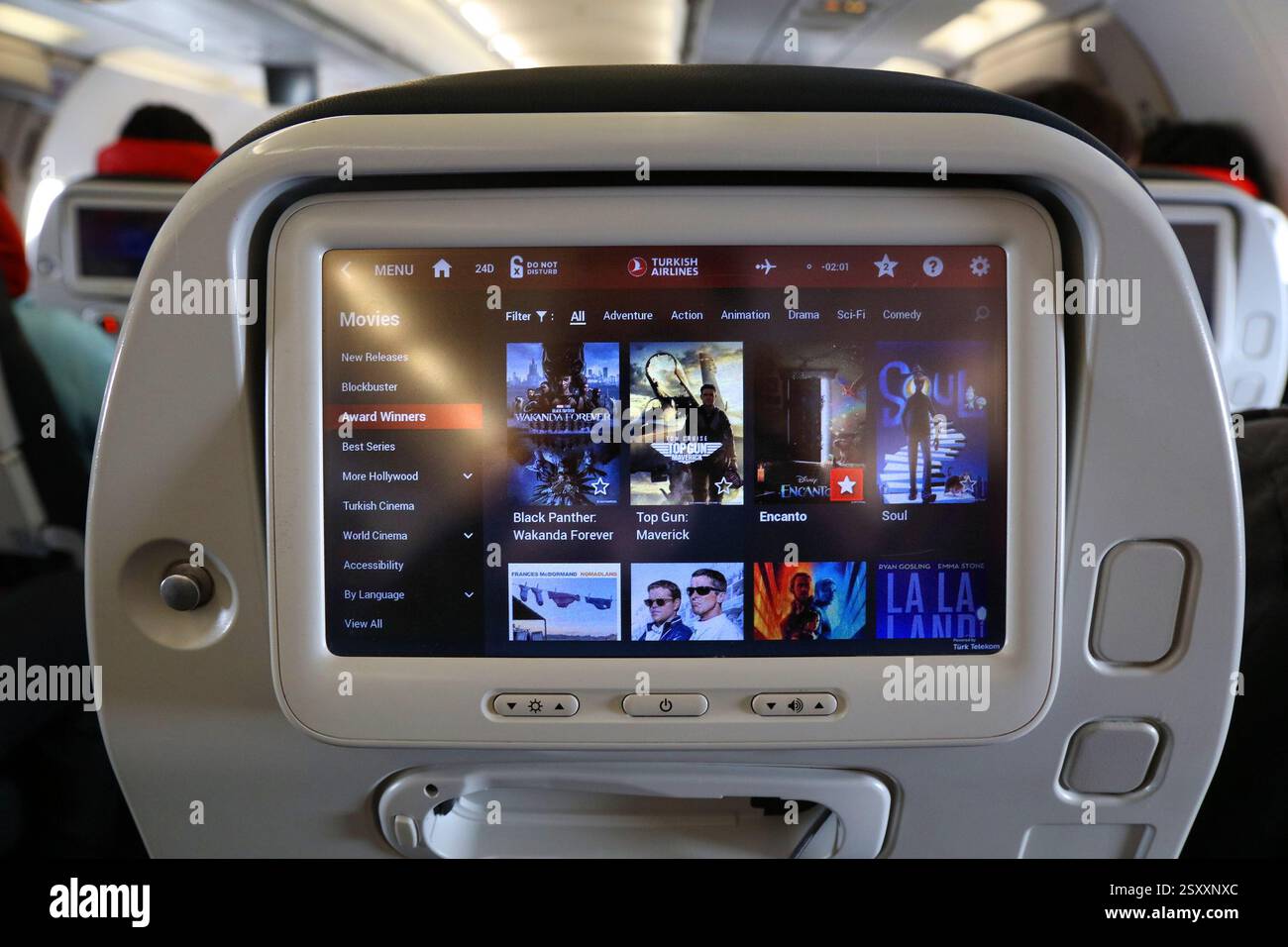 KRAKOW, POLAND - MARCH 1, 2024: Passenger entertainment system screen ...