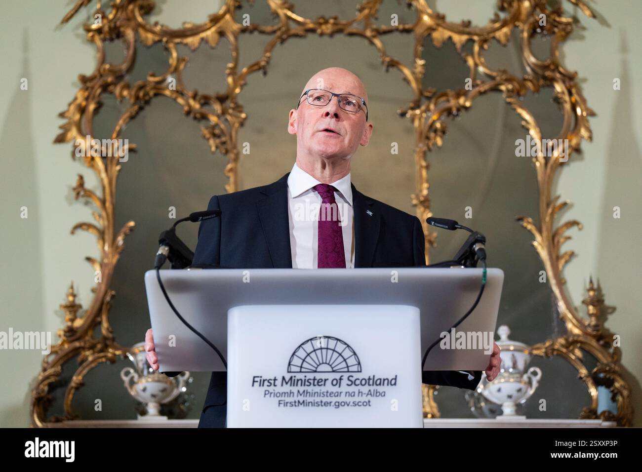 First Minister of Scotland John Swinney speaks during a press ...