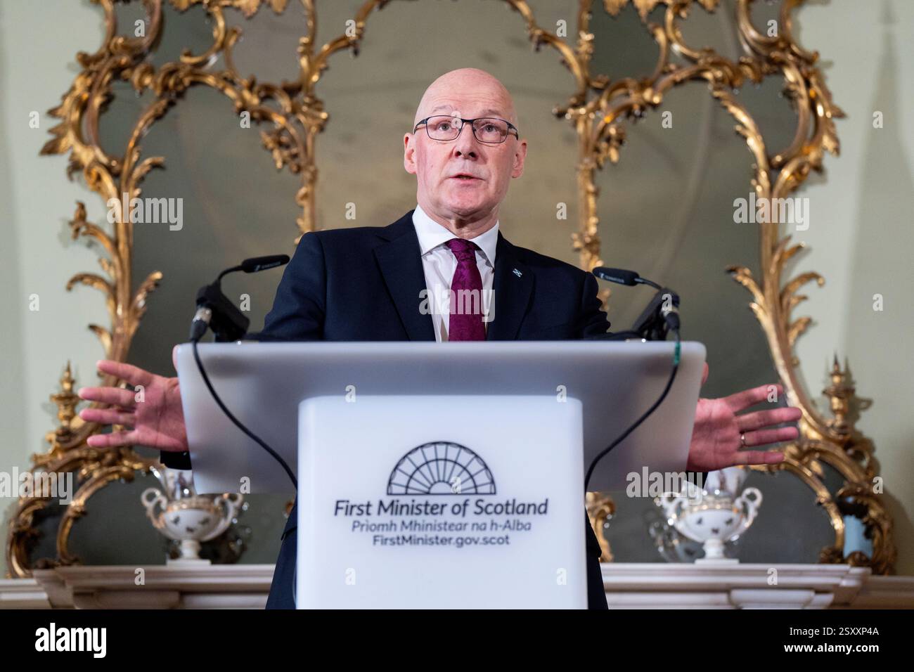 First Minister of Scotland John Swinney speaks during a press ...