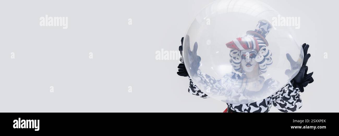 Surreal circus artist gazing through giant transparent sphere, evoking ...